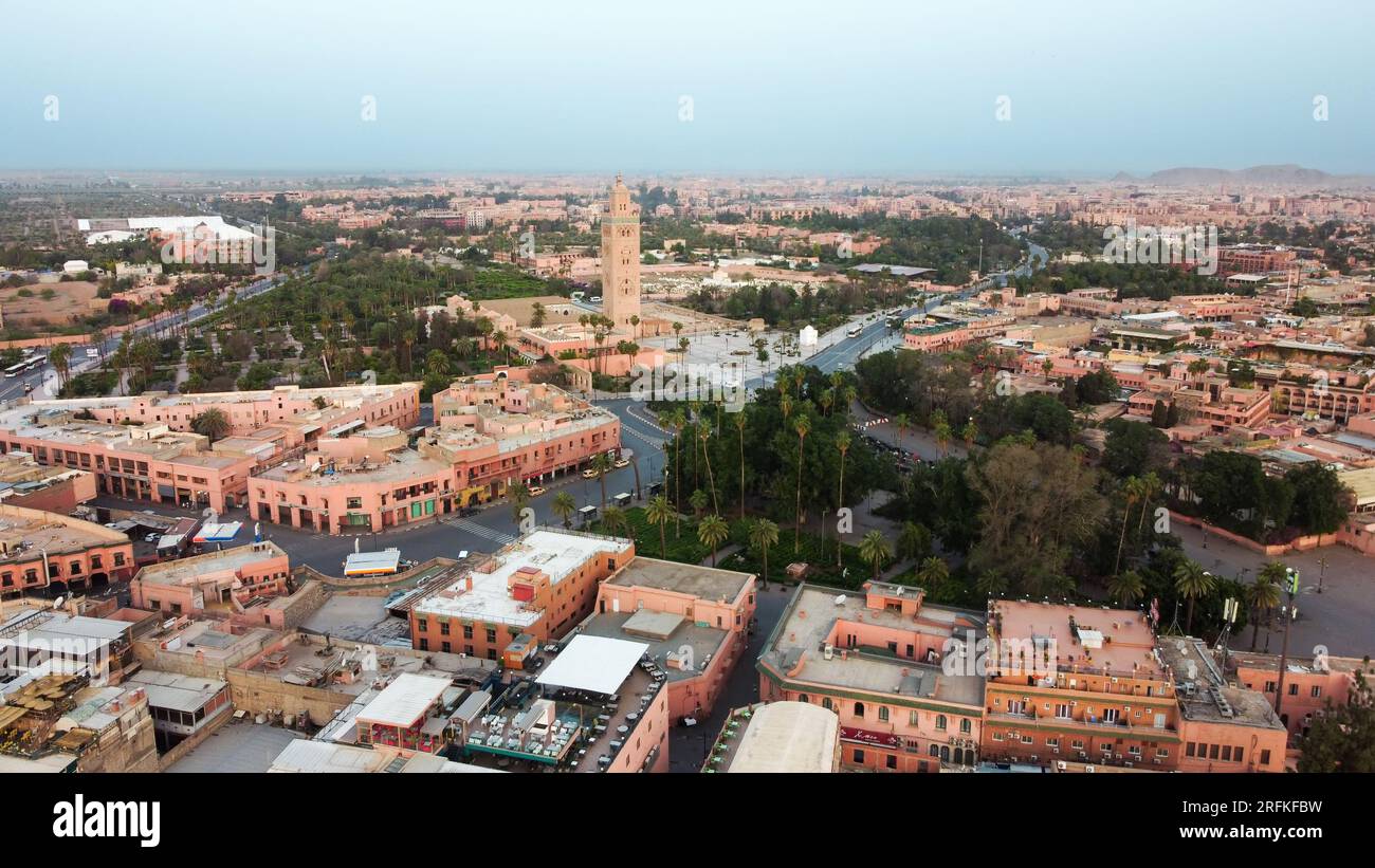 Aerial drone view of Marrakesh, Morocco. View of city downtown with ...