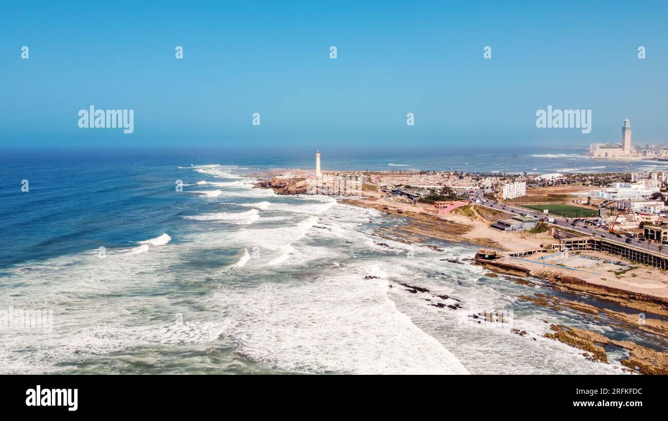 Aerial drone view of Casablanca, Morocco. Atlantic ocean rocky ...