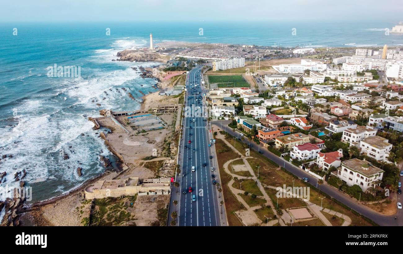 Aerial drone view of Casablanca, Morocco. Atlantic ocean rocky ...