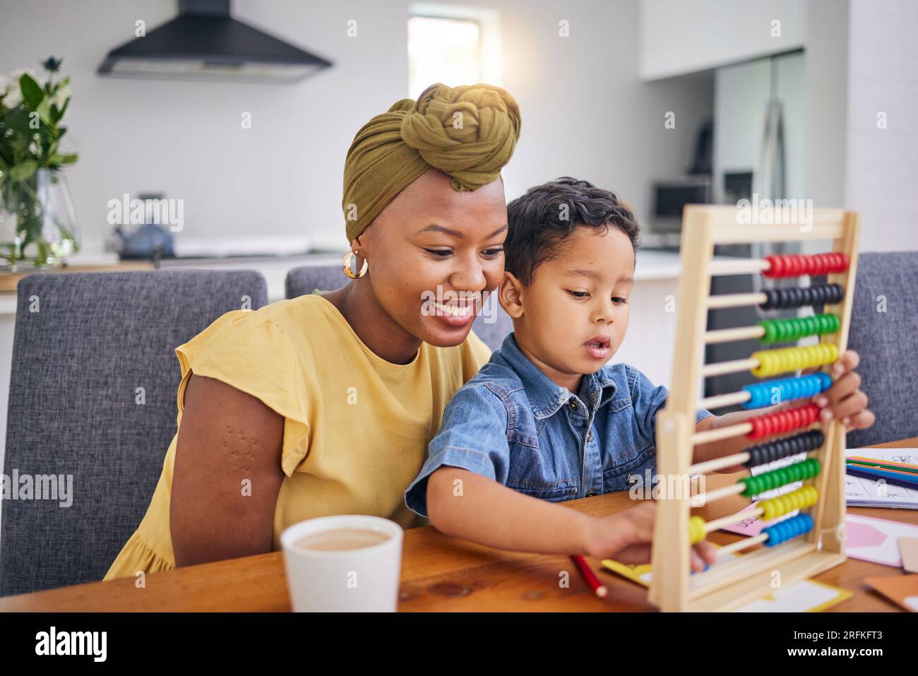 Mom, child and learning with abacus for education or tutor, teacher or ...