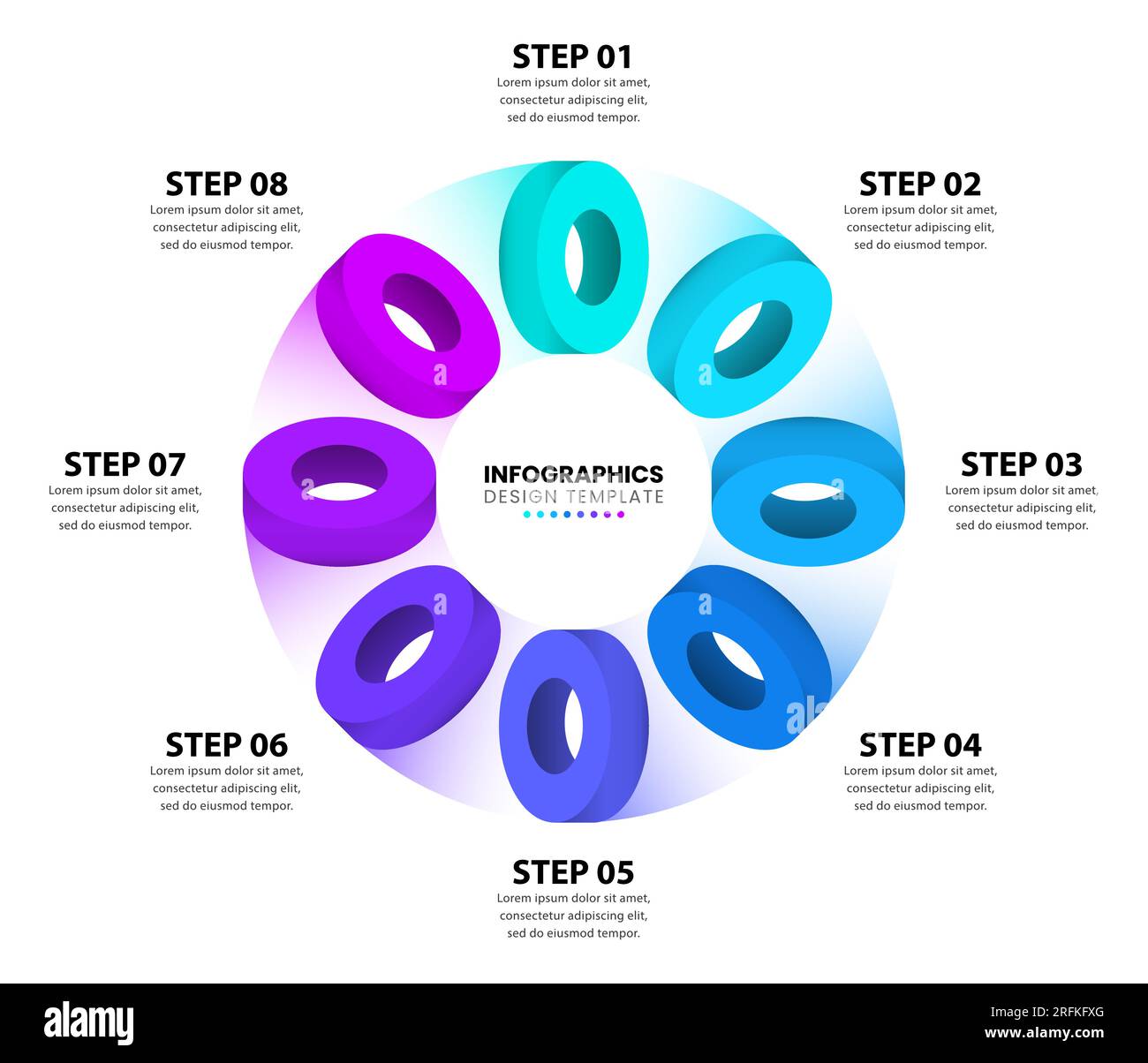Infographic template with 8 options or steps. Rings around circle. Can be used for workflow ...