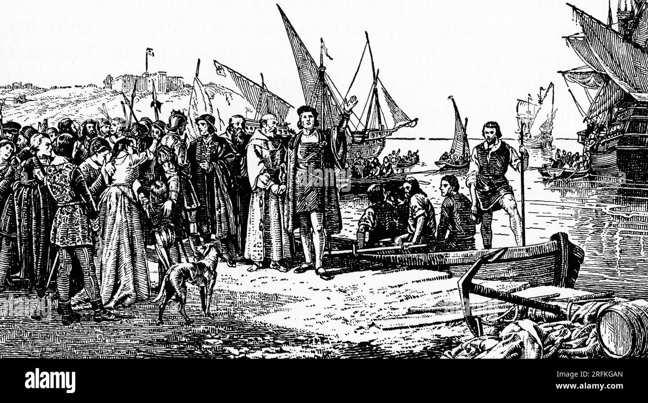 Christopher Columbus departing from Palos, Spain, on August 3rd, 1492 ...