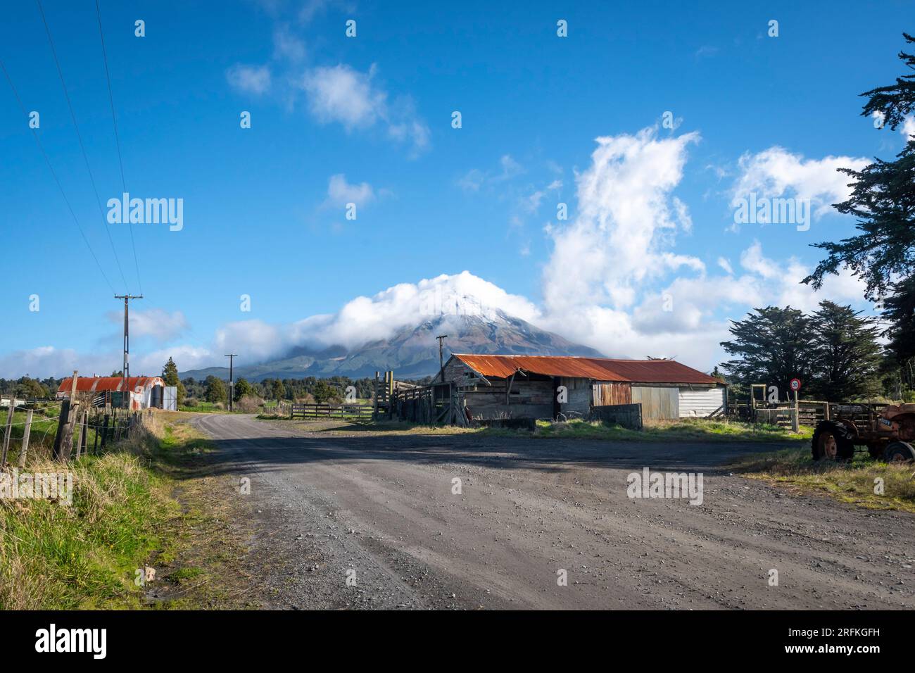 Farm buildings and Mount Taranaki, North Island, New Zealand Stock ...