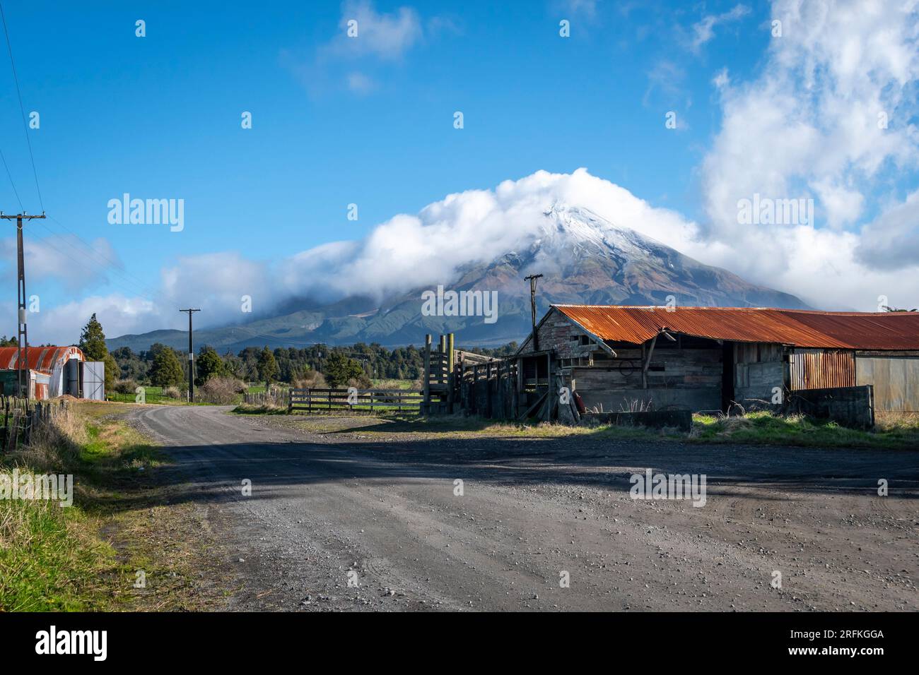 Farm buildings and Mount Taranaki, North Island, New Zealand Stock ...