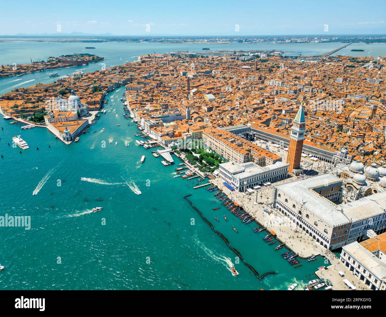 Aerial drone view of Venice, Italy. Water channels with multiple ...