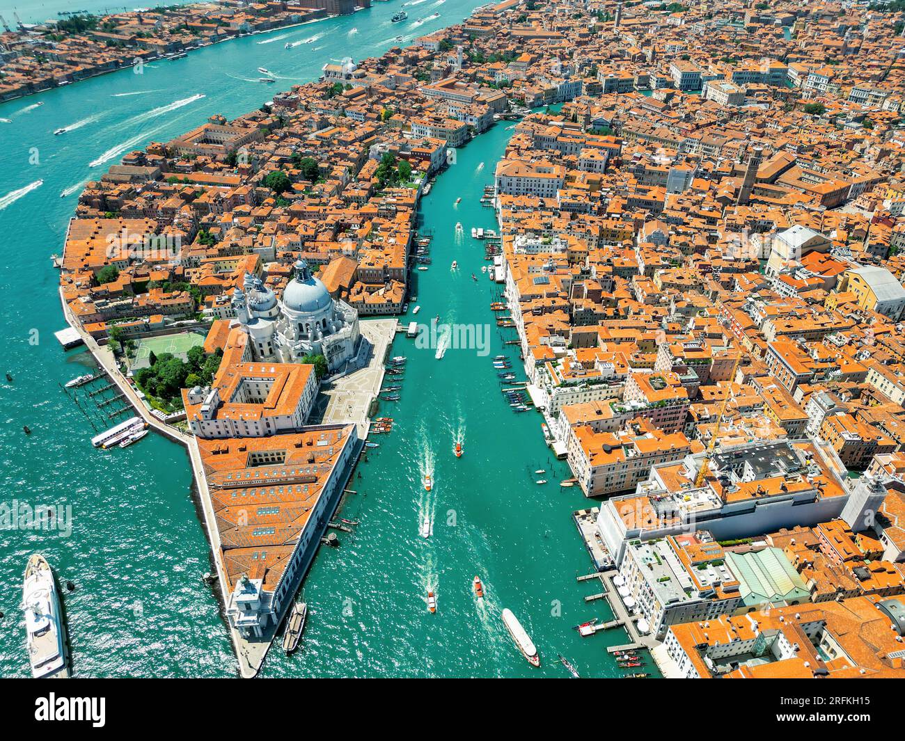 Aerial drone view of Venice, Italy. Water channels with multiple ...