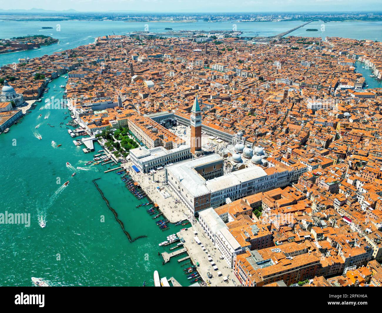 Aerial drone view of Venice, Italy. Water channels with multiple ...
