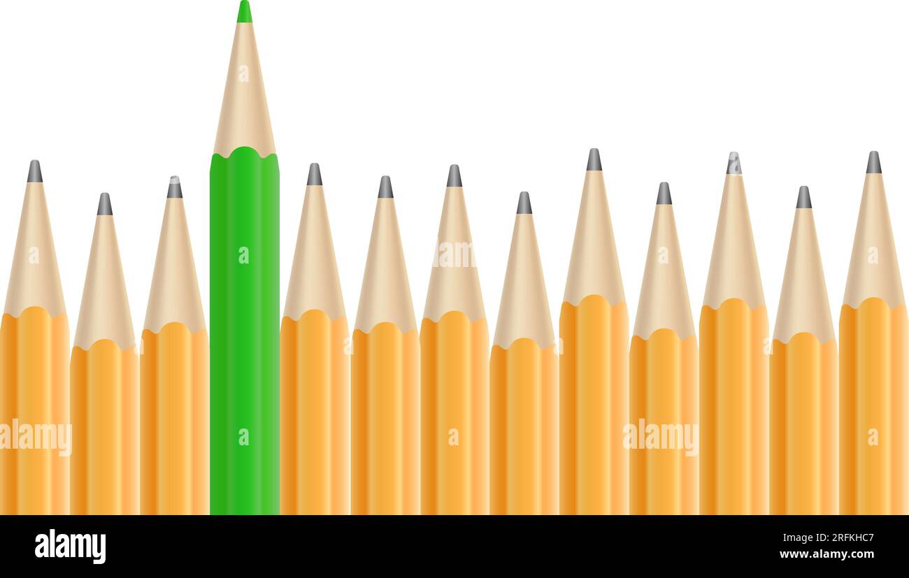 Line of simple pencils and one red pencil. Standing out of the crowd ...