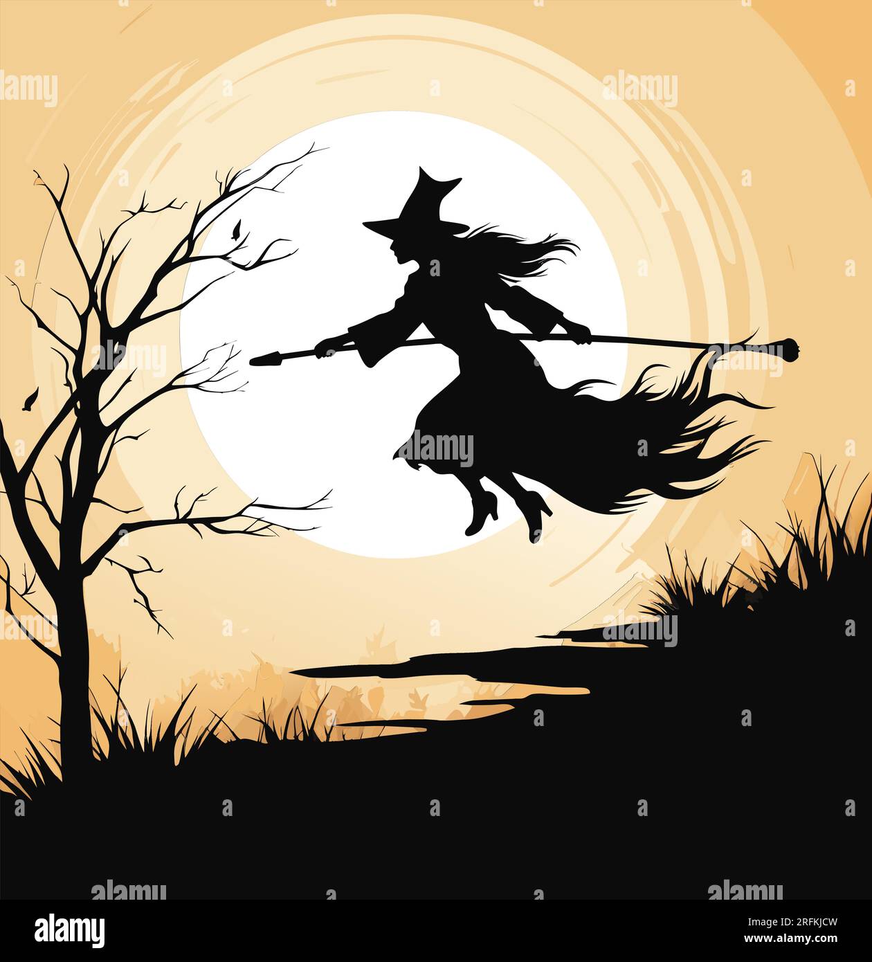 vector beautiful witch. flying witch with broom. black witch silhoutte ...