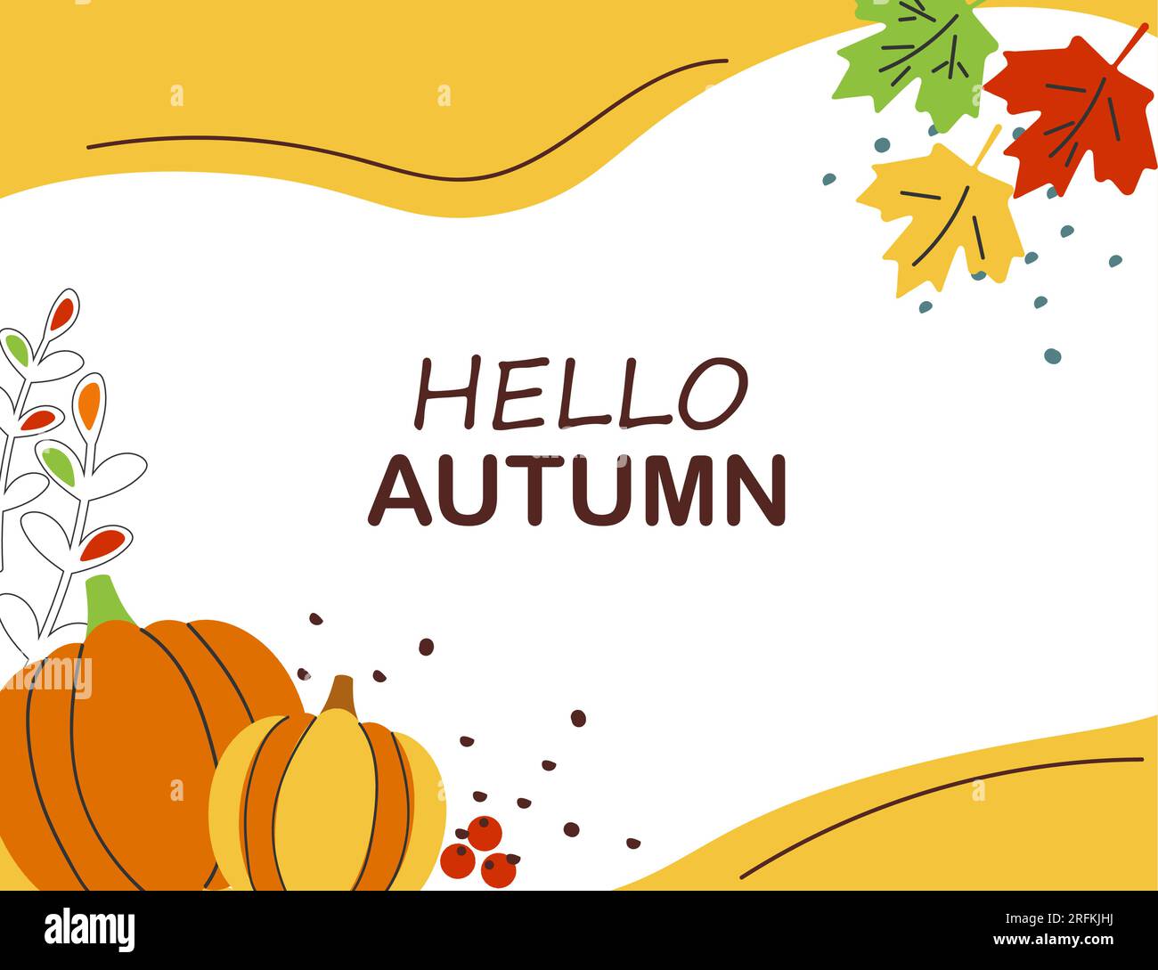 Hello autumn banner or greeting card for the autumn holiday. Pumpkins ...