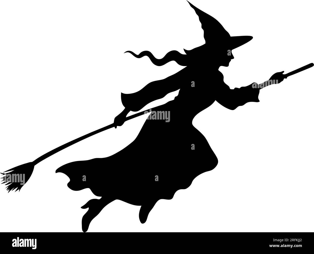 vector beautiful witch. flying witch with broom. black witch silhoutte ...