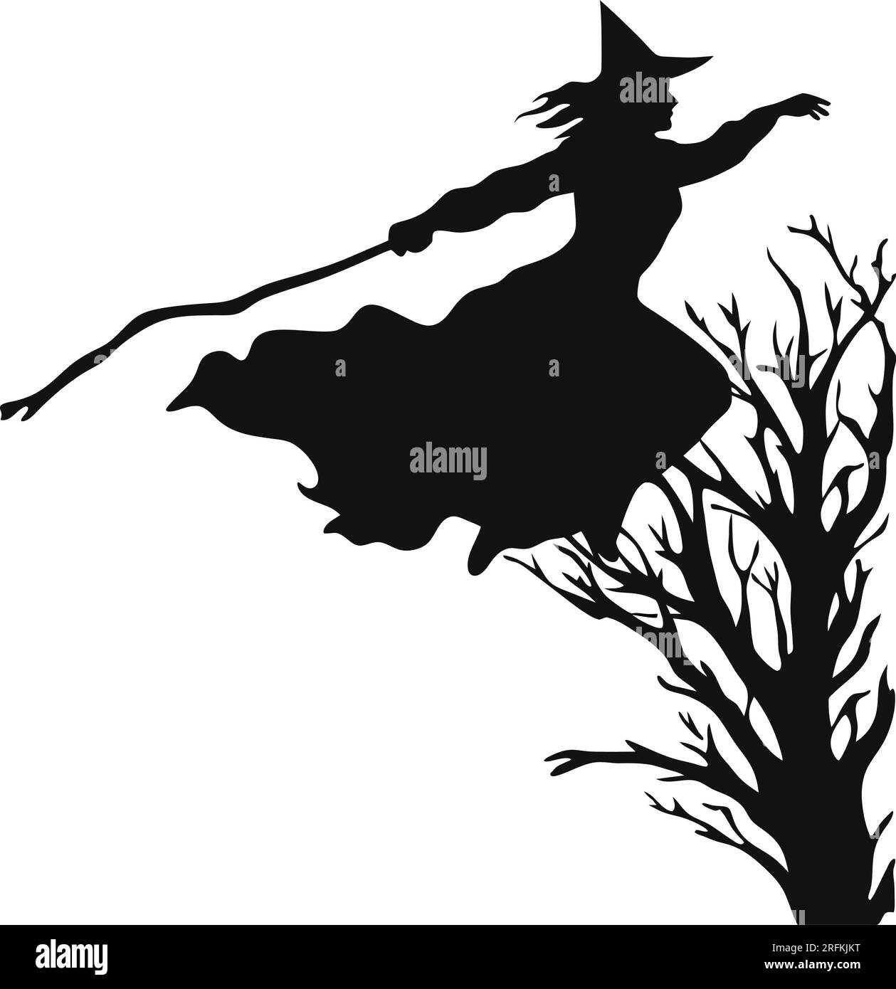vector beautiful witch. flying witch with broom. black witch silhoutte ...