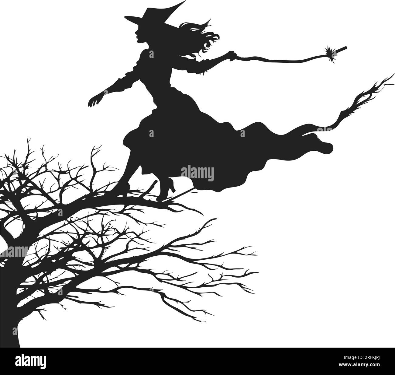 vector beautiful witch. flying witch with broom. black witch silhoutte ...