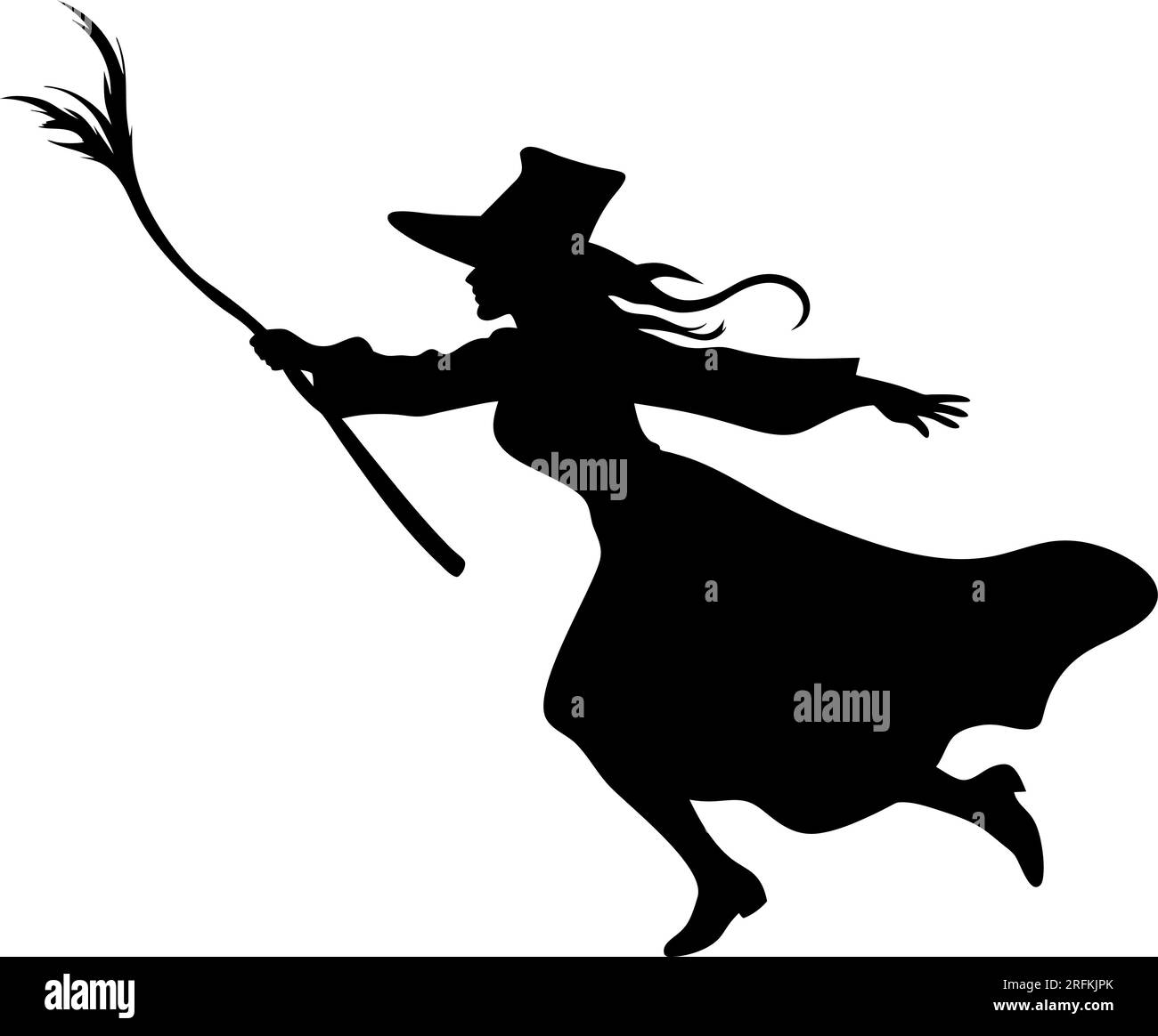 vector beautiful witch. flying witch with broom. black witch silhoutte ...