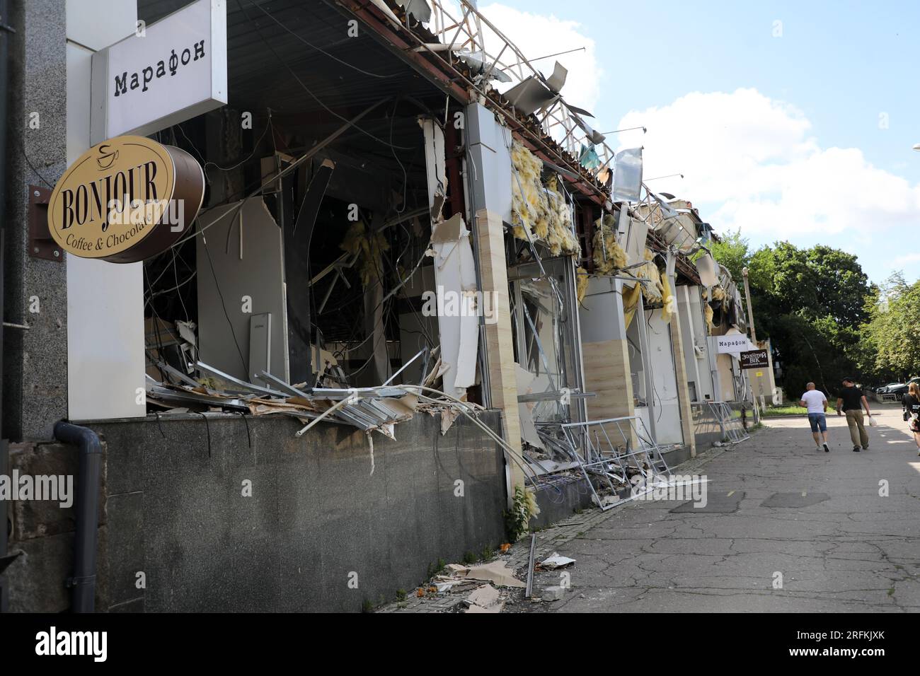 KRAMATORSK, UKRAINE - JULY 29, 2023 - A ruined building is the result ...
