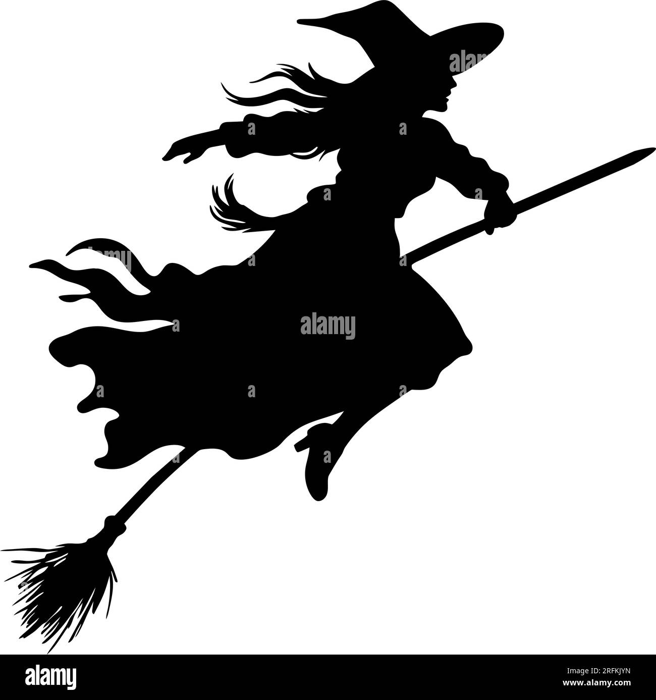 vector beautiful witch. flying witch with broom. black witch silhoutte ...