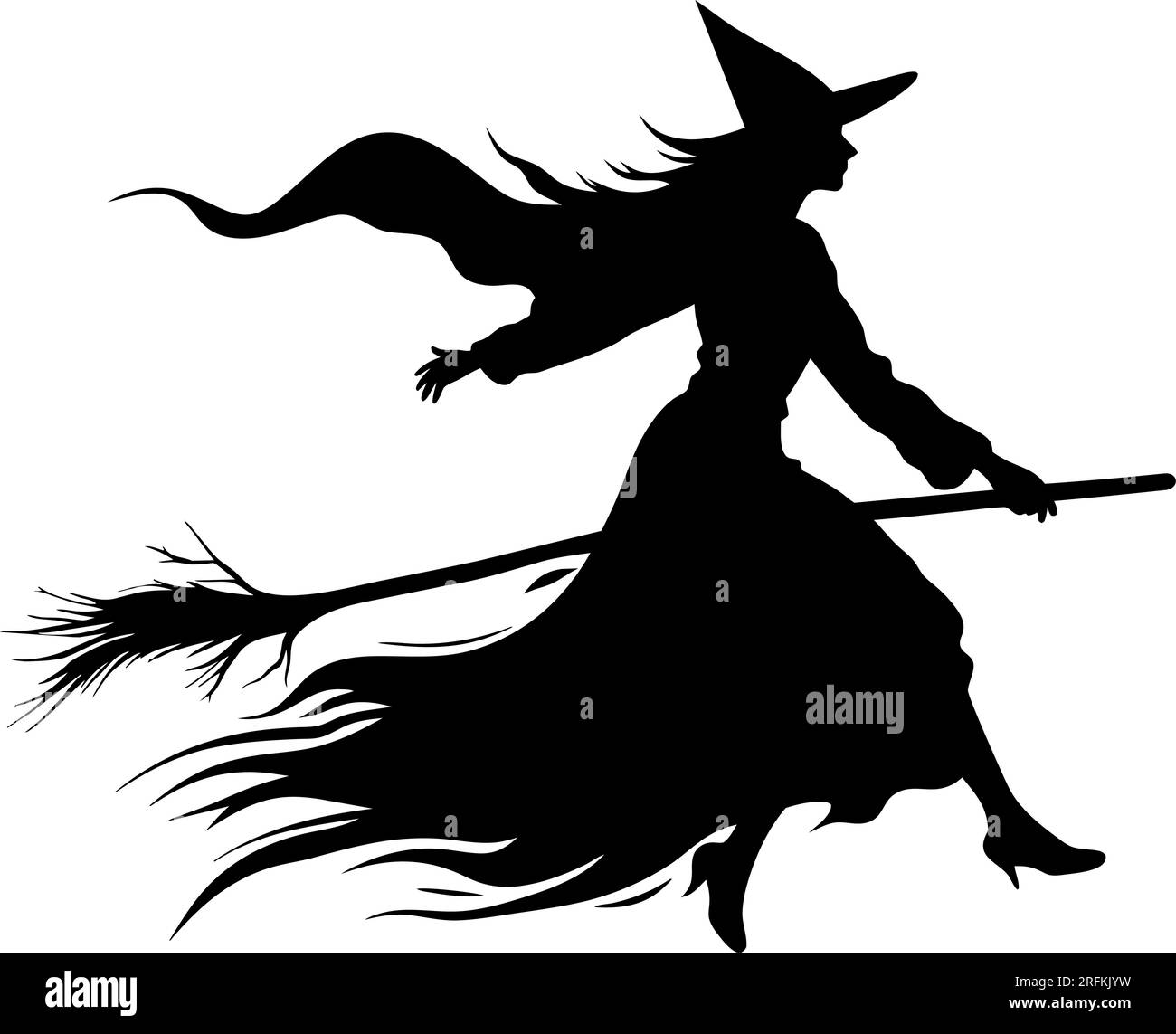 vector beautiful witch. flying witch with broom. black witch silhoutte ...