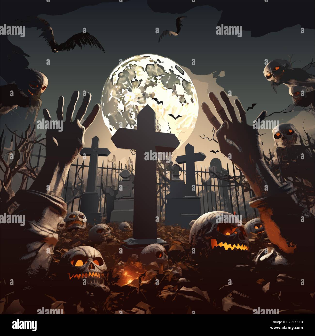 vector halloween raising hands with cross. zombie hands with lantern ...
