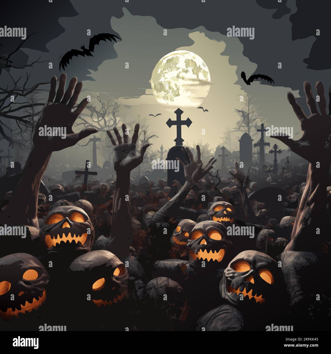 vector halloween raising hands with cross. zombie hands with lantern ...
