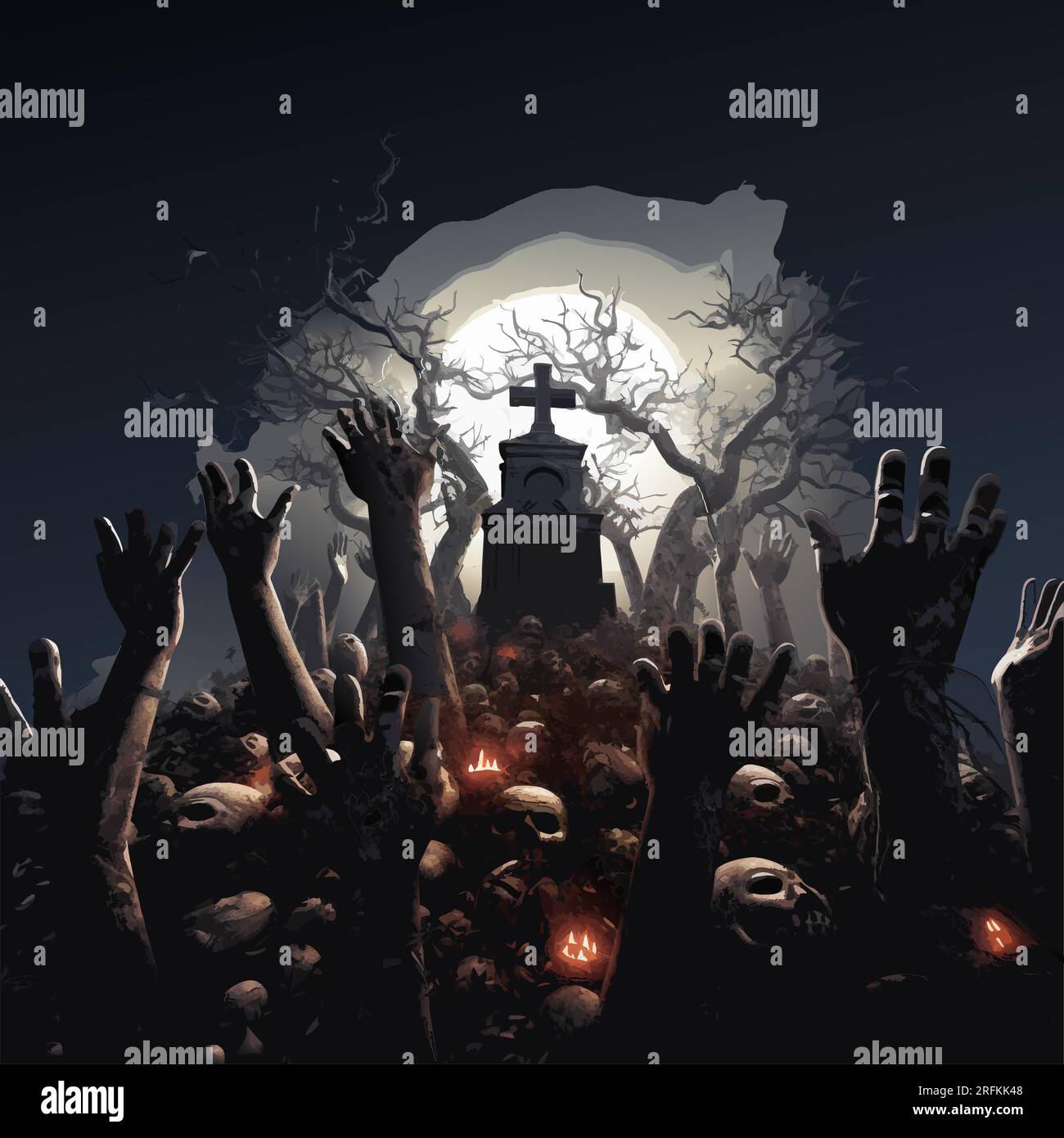 vector halloween raising hands with cross. zombie hands with lantern ...