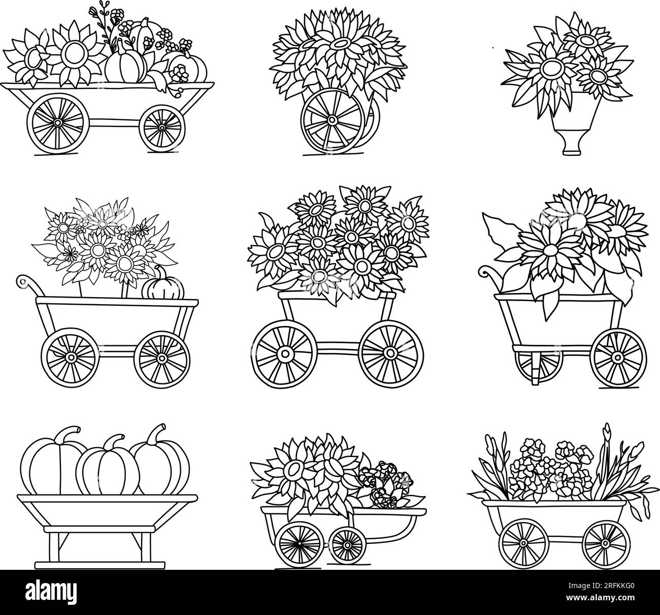 set Coloring pages with pumpkins and sunflowers, autumn coloring page ...