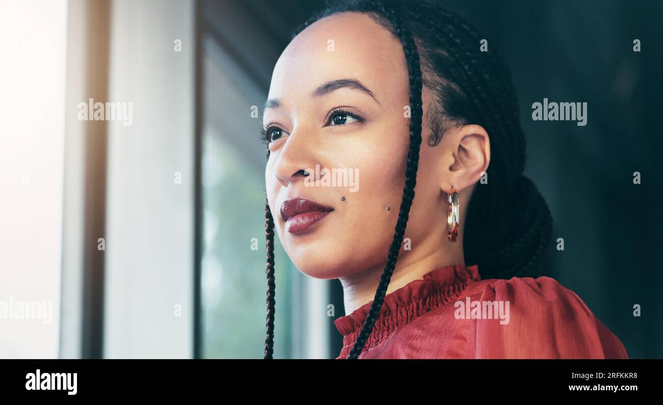 Entrepreneur, thinking and woman with solution, window and future plan ...