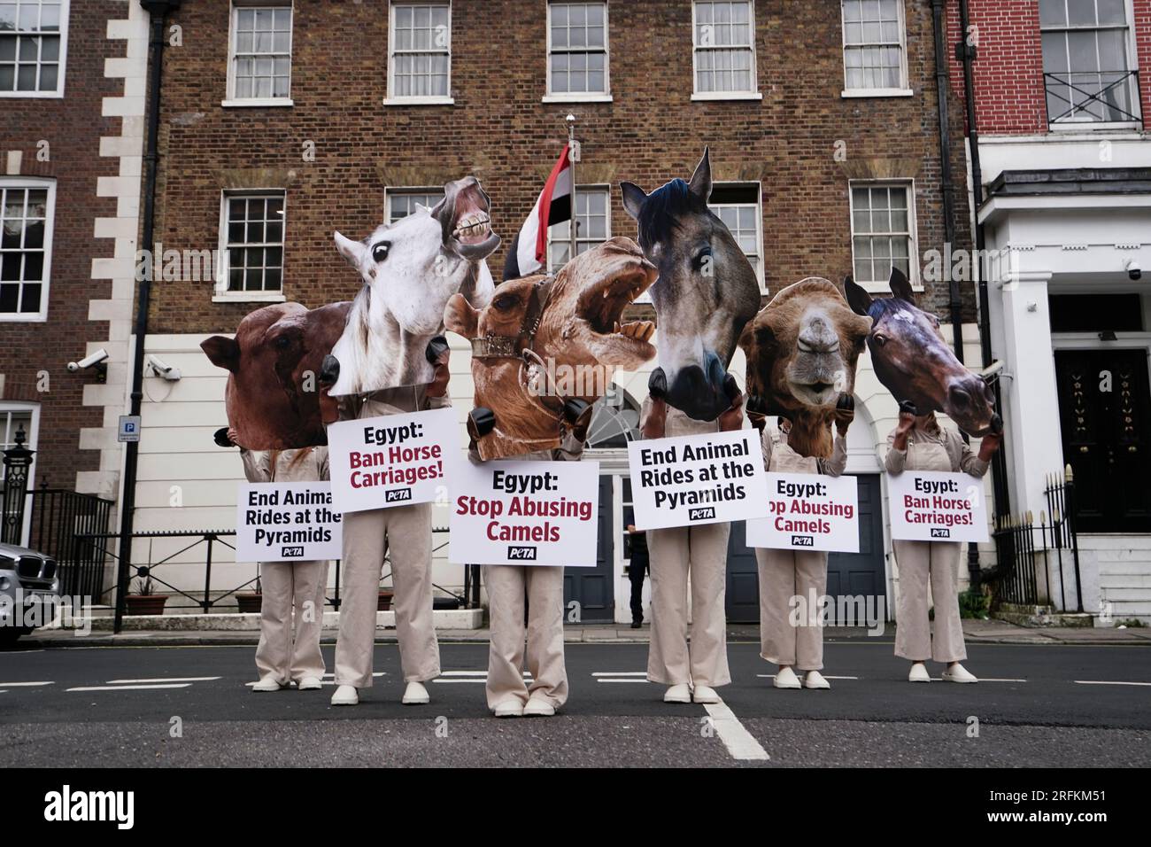 Activists from PETA wearing "hooves" and giant horse and camel masks ...