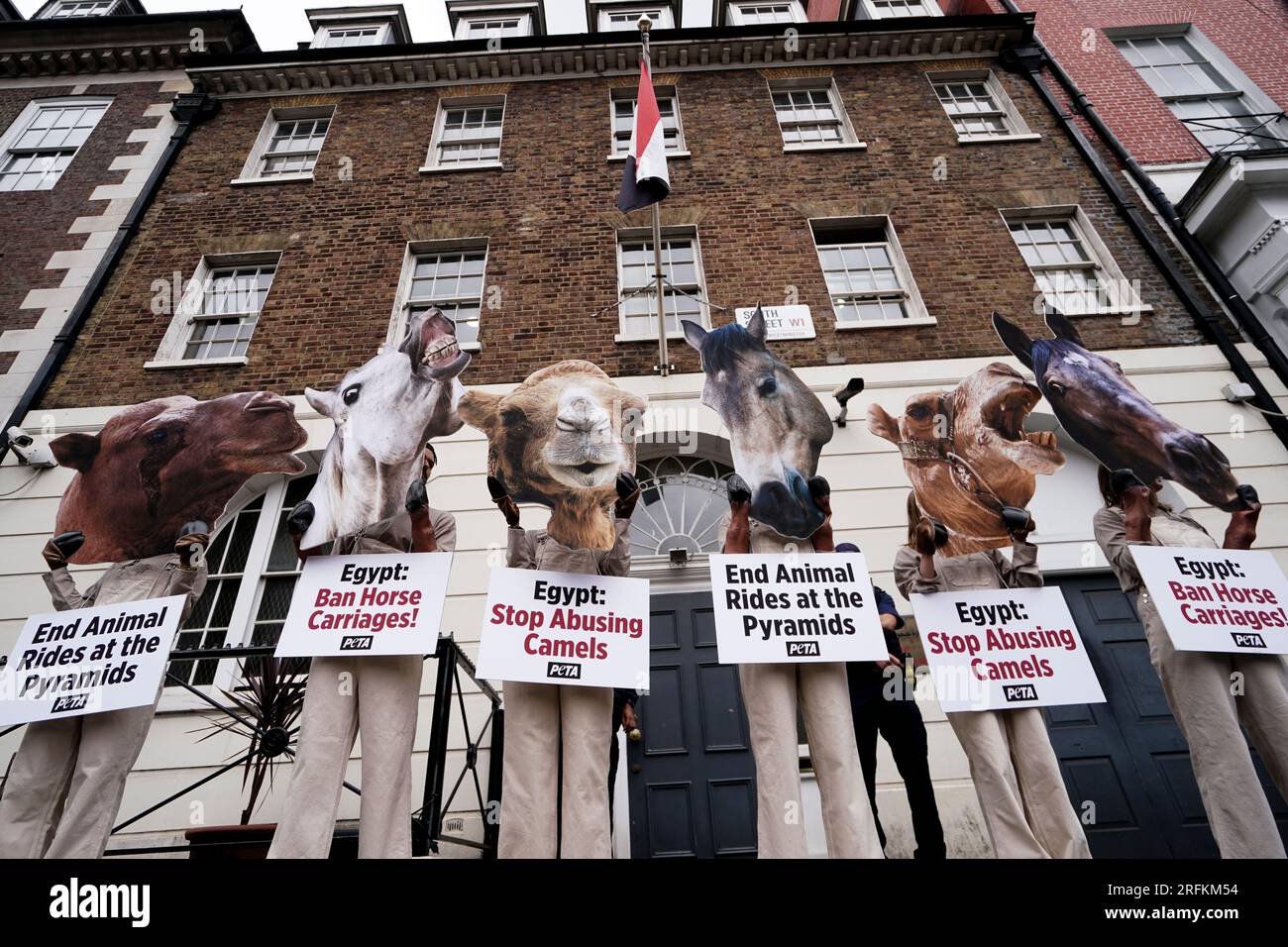 Activists from PETA wearing "hooves" and giant horse and camel masks ...