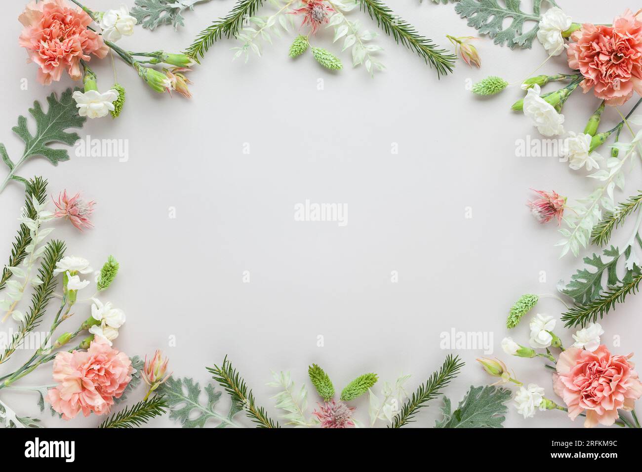Flowers composition made of coral carnation and silver-green leaves of ...