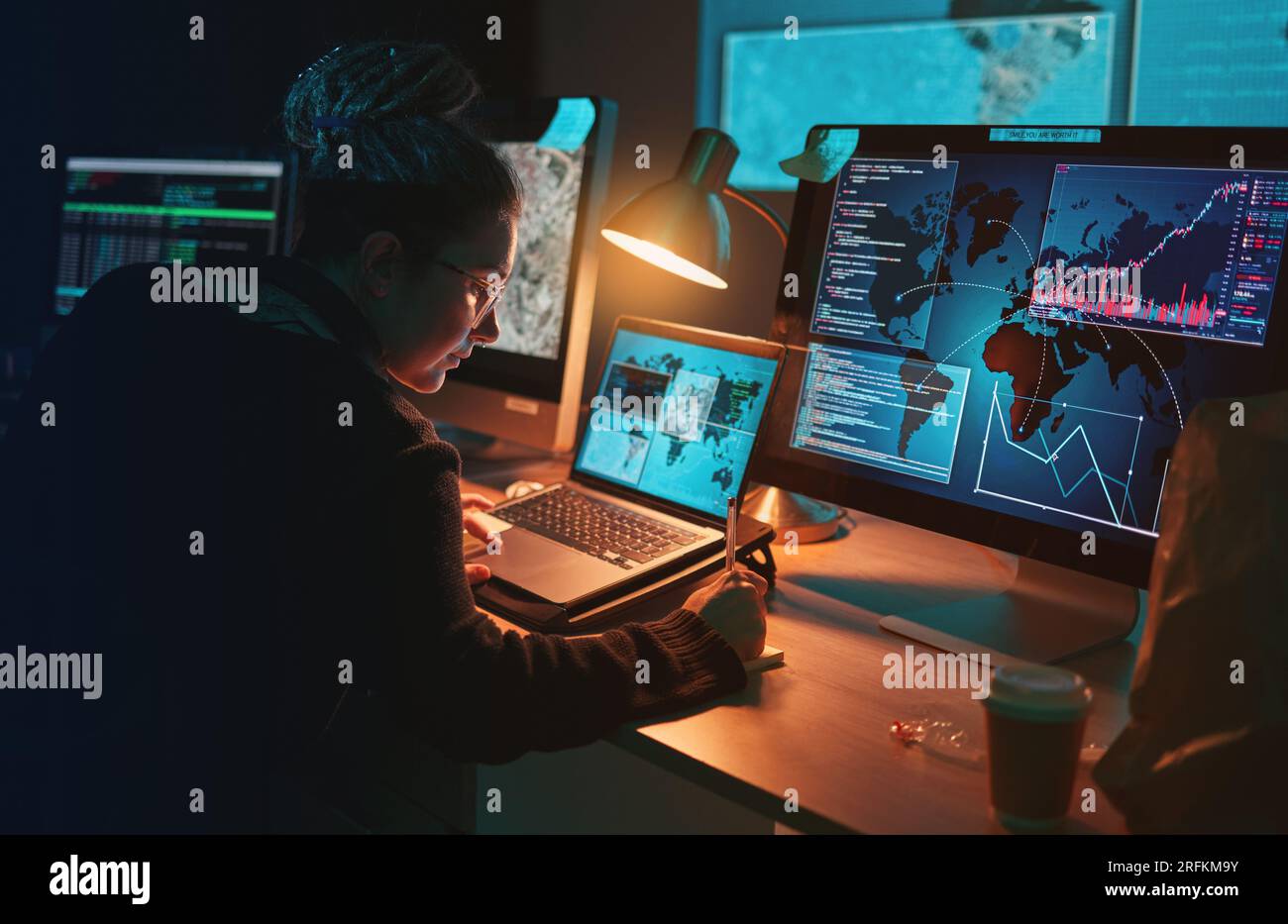 Cybersecurity, woman and writing global location info with map graphic ...