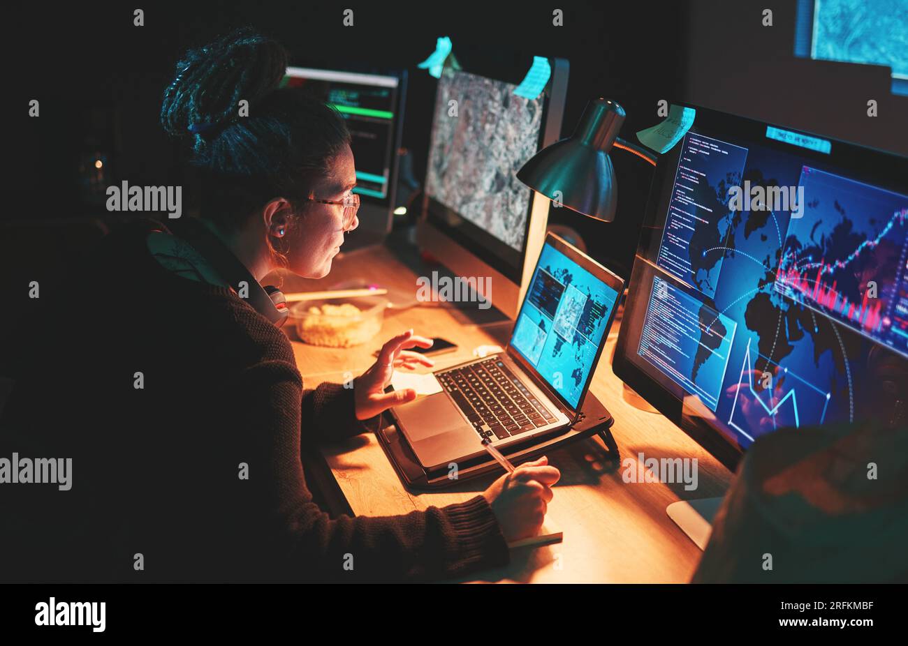 Cybersecurity, woman and computer with global info with map graphic for ...