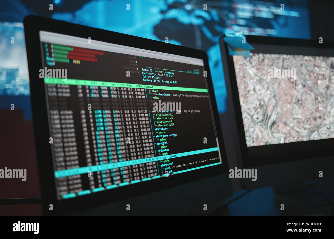 Computer screen, cybersecurity and technology background for ...