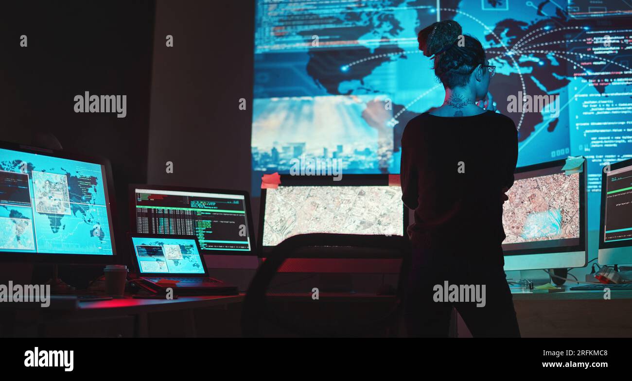 Cybersecurity, woman and map of global network for phishing, ransomware ...