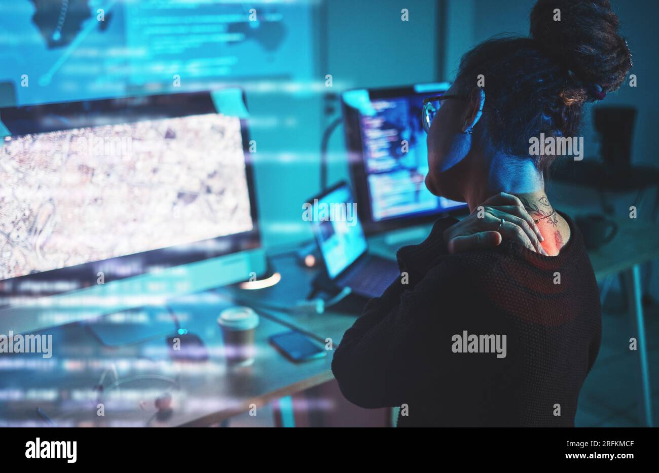 Woman, back pain and computer engineering, software development or ...