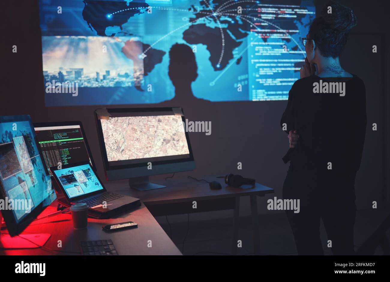 Cybersecurity, woman thinking and global network tech for phishing ...