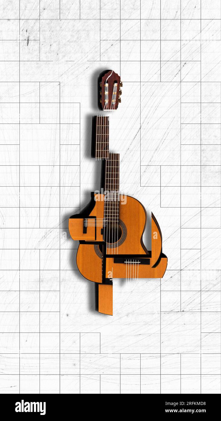 Creative design with guitar in puzzled style against white background ...