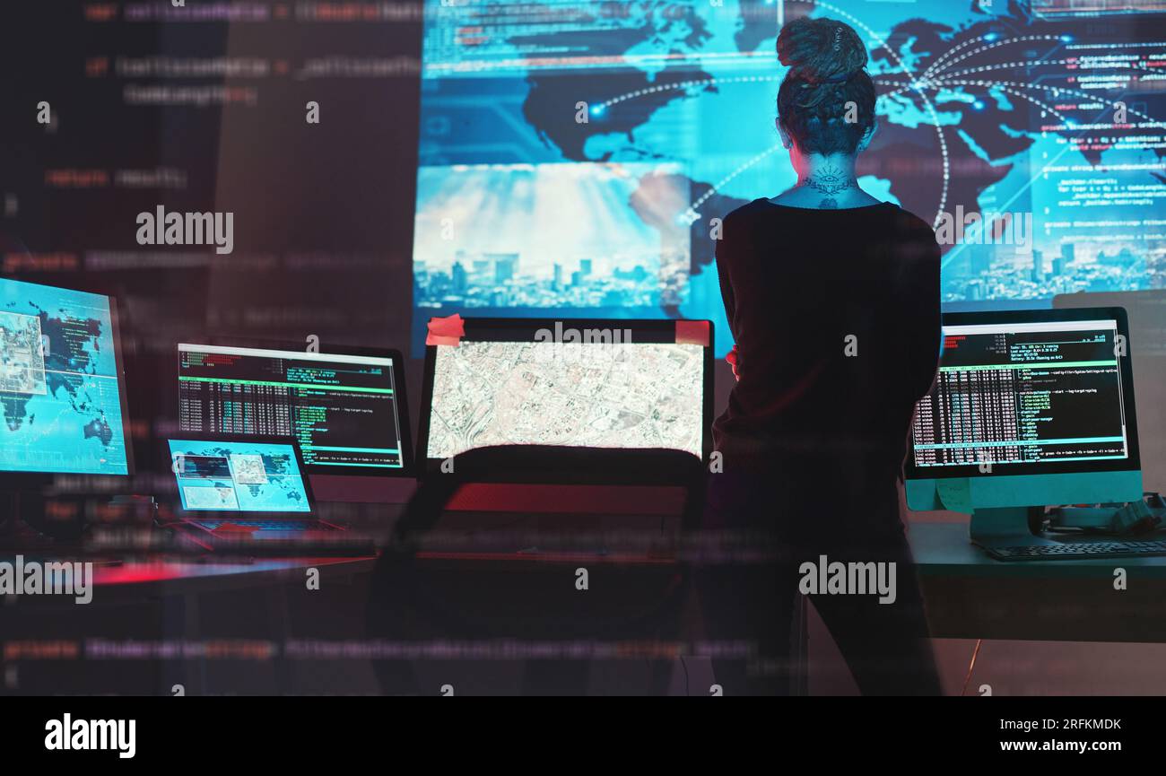 Cybersecurity Woman Hacker And Global Network Code For Phishing Ransomware And Cyber Terrorism