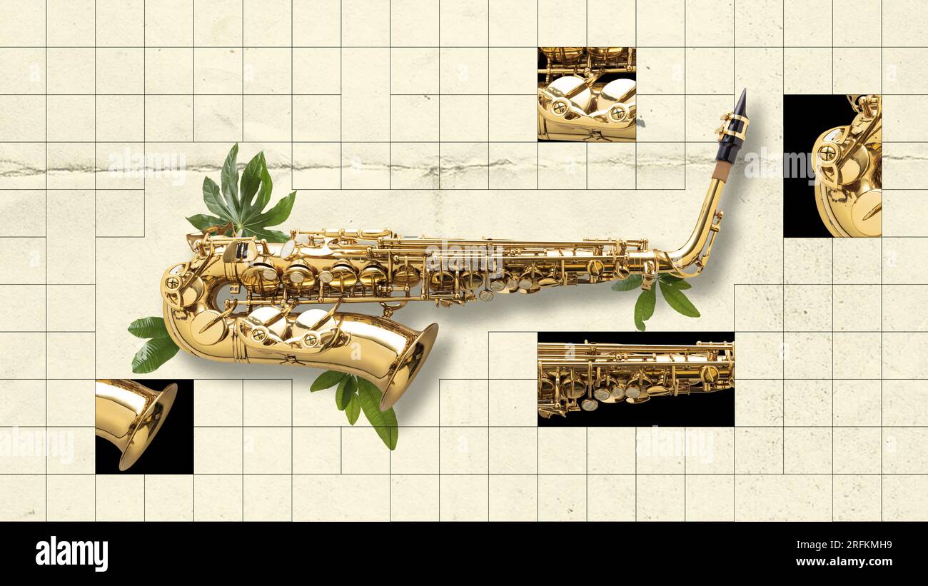 Creative retro style design with beautiful, shiny, gold saxophone ...