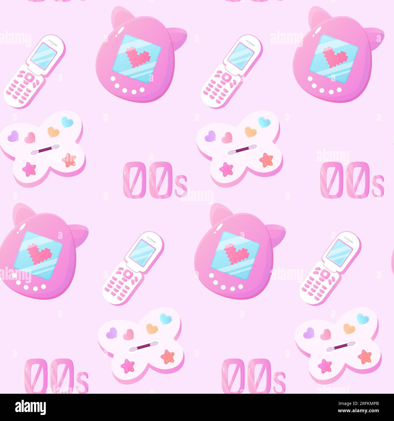 00s, y2k seamless pattern, tomagotchi, phone, cosmetics . style pink ...