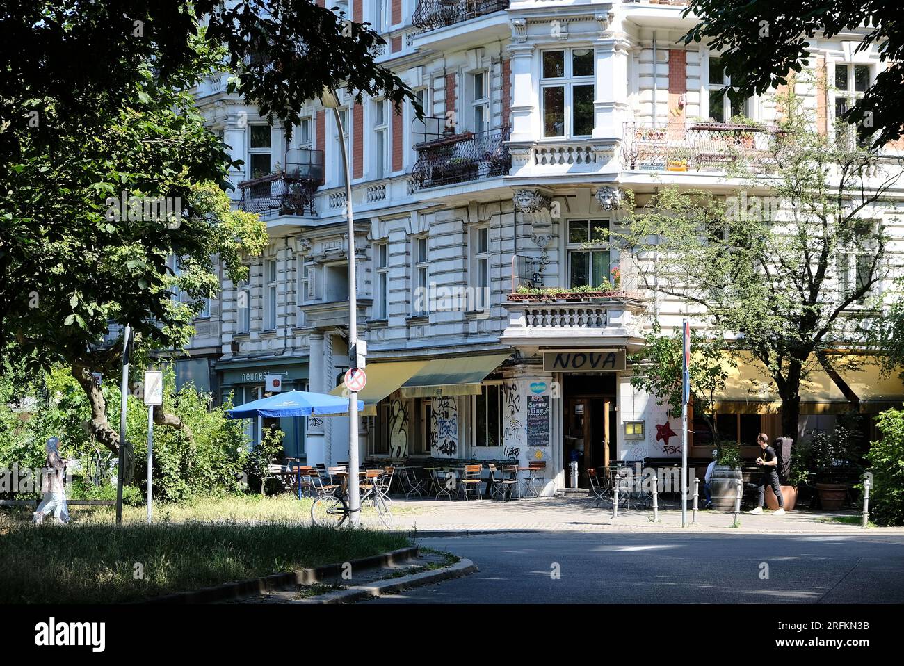 Berlin, Germany, July 8, 2023, street scene in Kreuzberg with Café Nova at the corner of ...