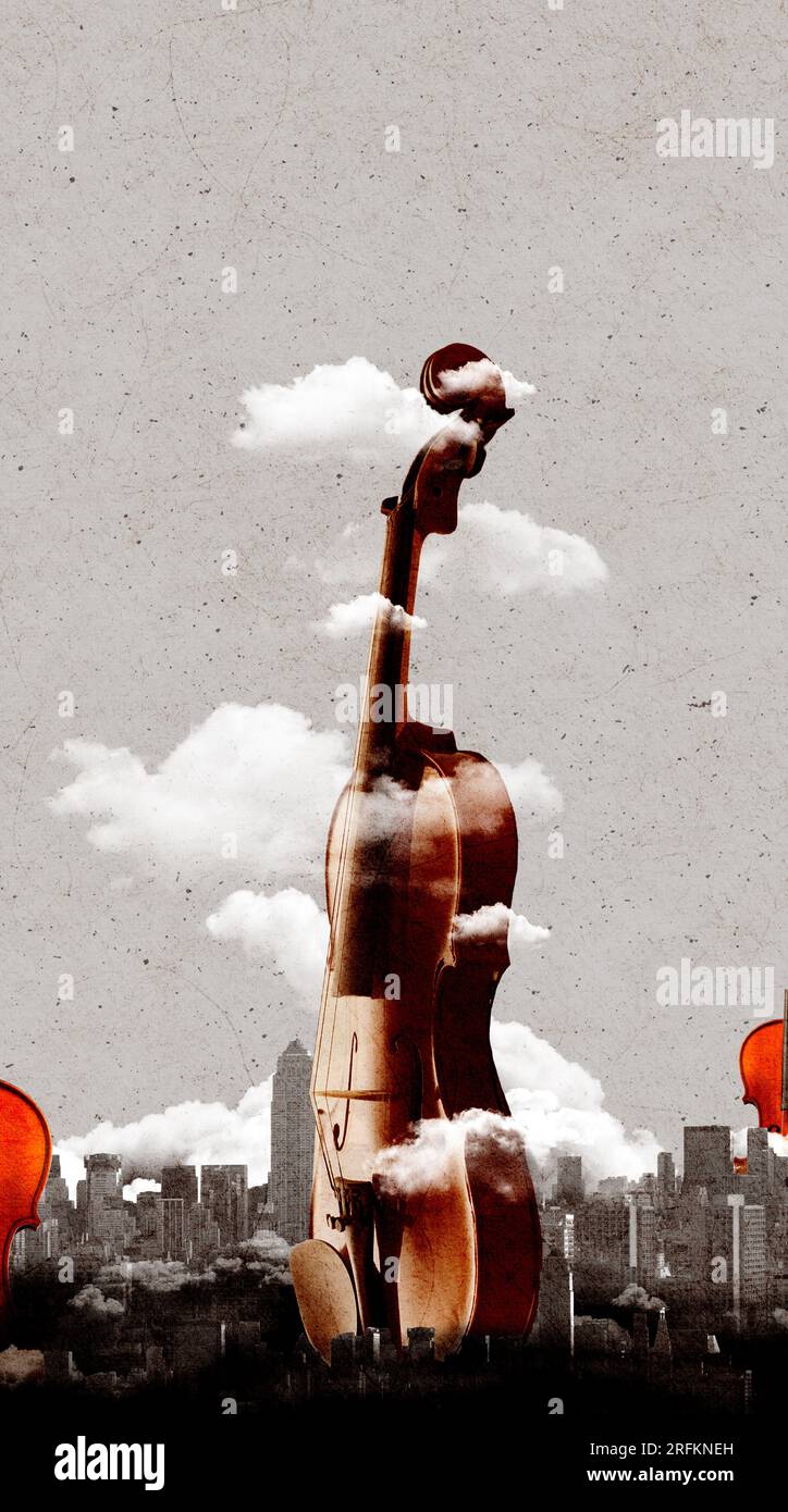 Creative design with violin over monochrome city background ...