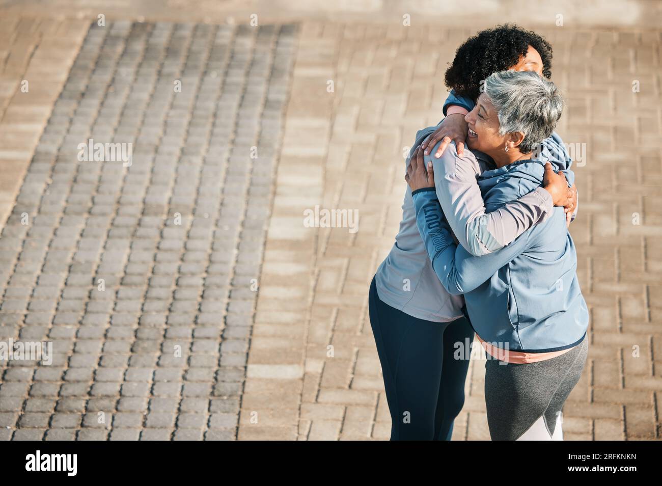 Running, hug and women with mockup space, love and care for fitness and ...