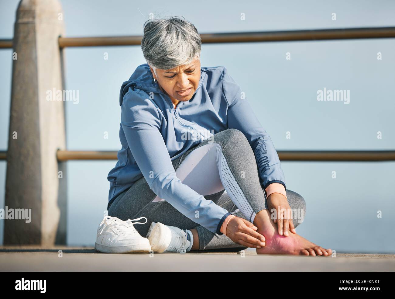 Foot, pain and old woman with injury, fitness outdoor and medical ...