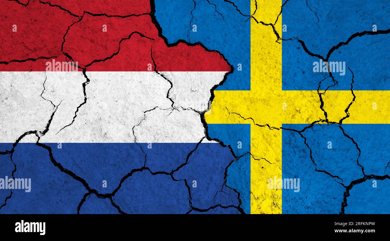 Flags of Netherlands and Sweden on cracked surface - politics ...