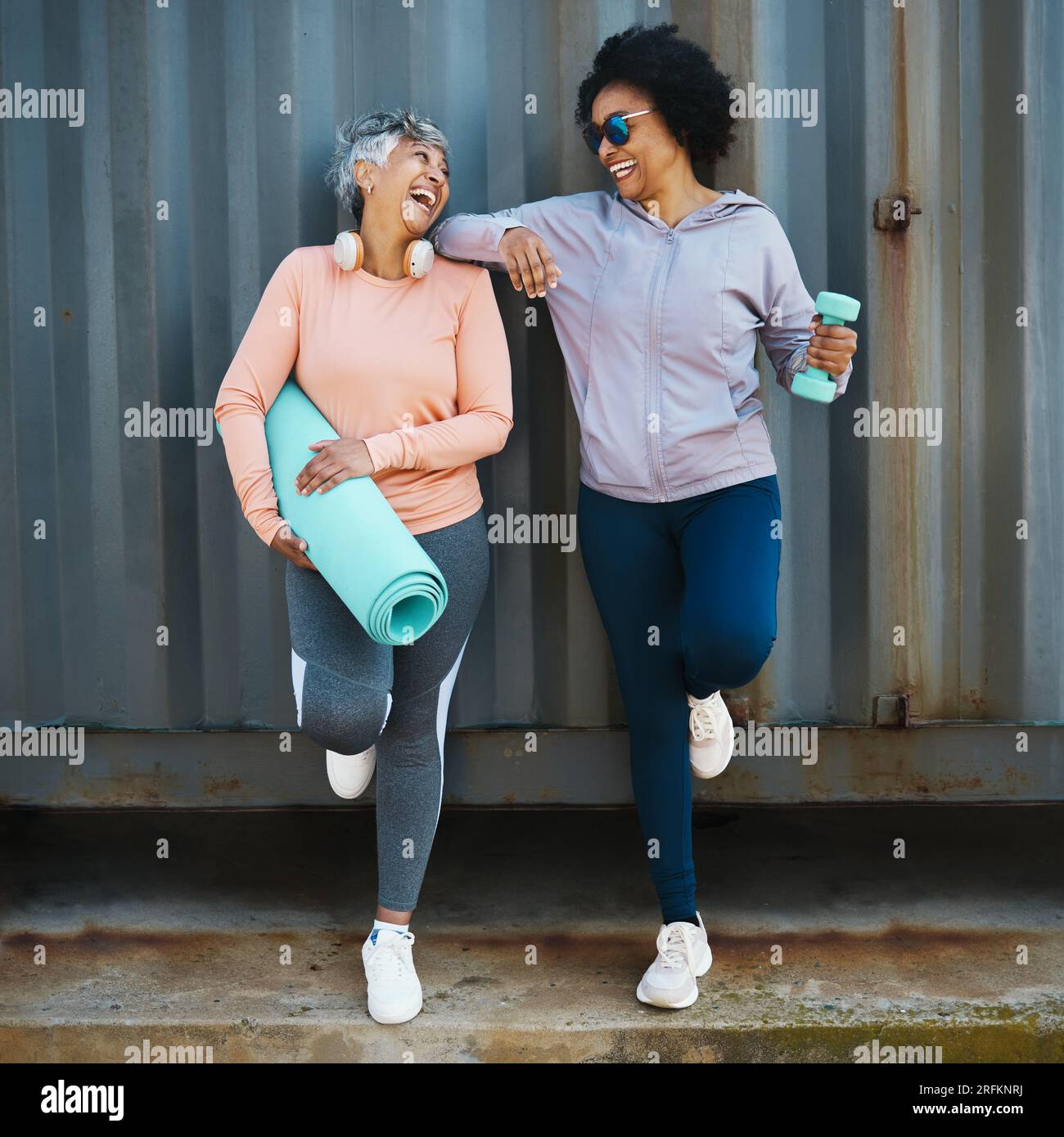 Senior women, exercise and laughing, cool and urban with workout ...