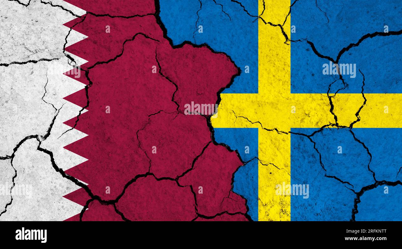Flags of Qatar and Sweden on cracked surface - politics, relationship ...