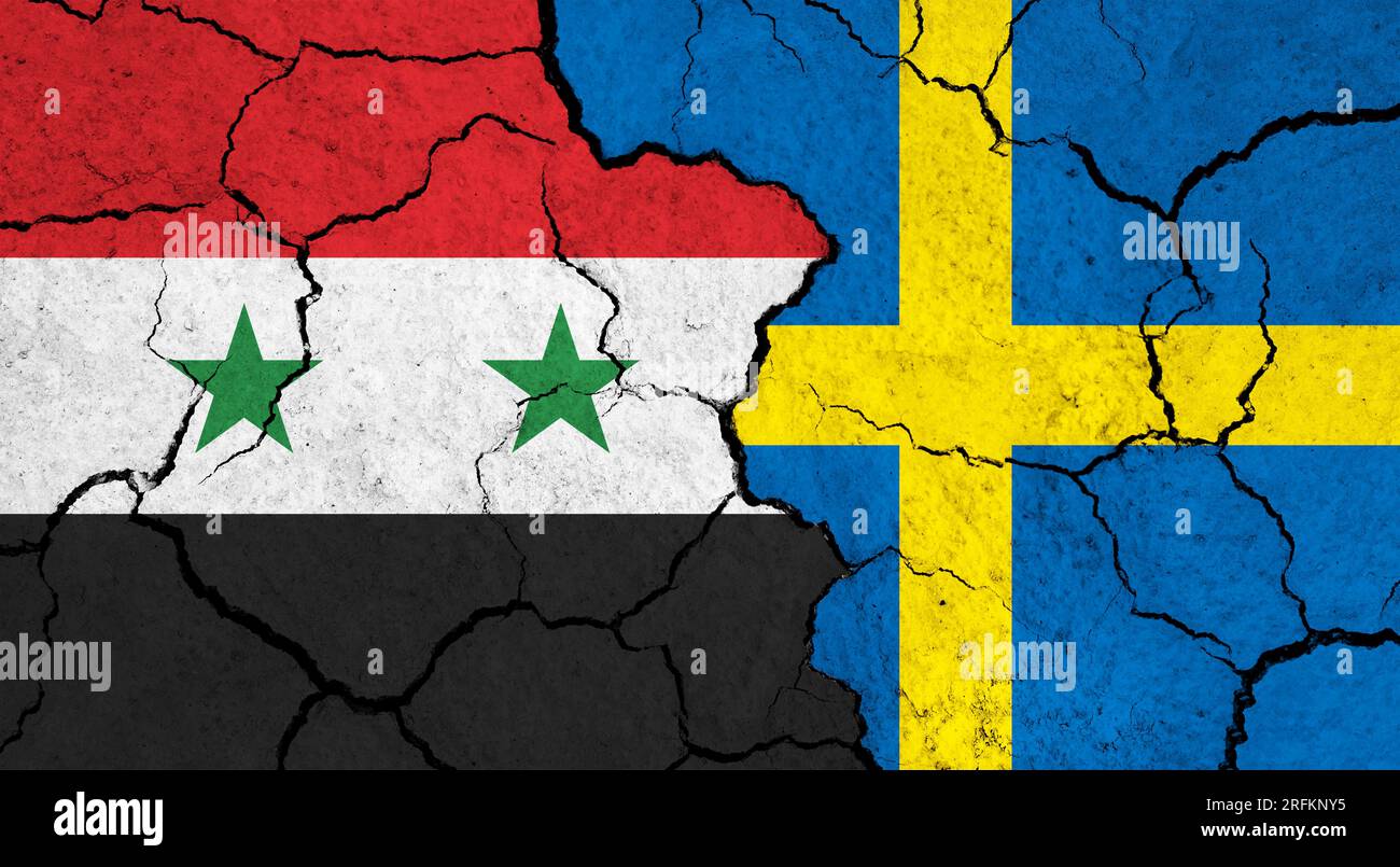 Flags of Syria and Sweden on cracked surface - politics, relationship ...