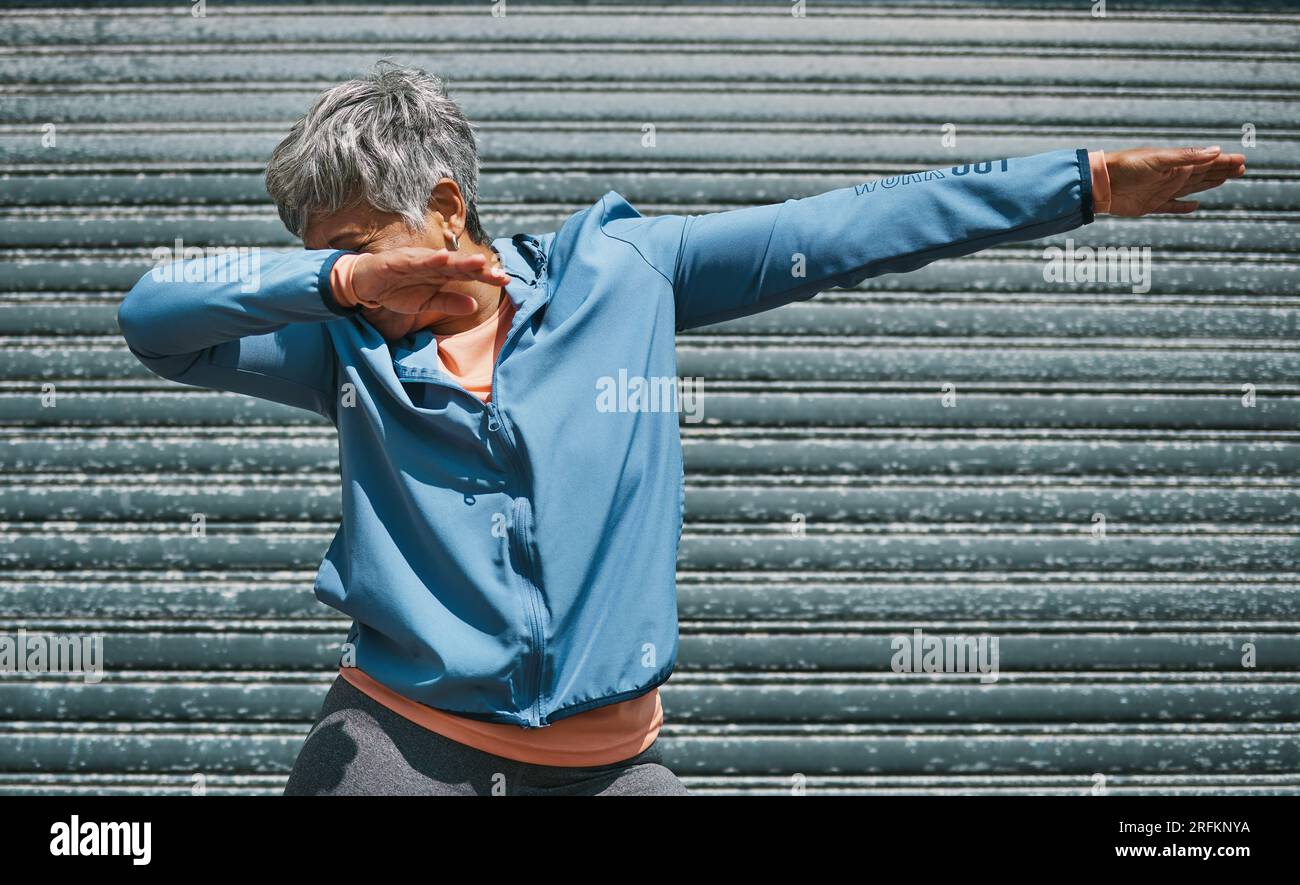 Woman, exercise and dab dance outdoor at training, fitness or workout ...