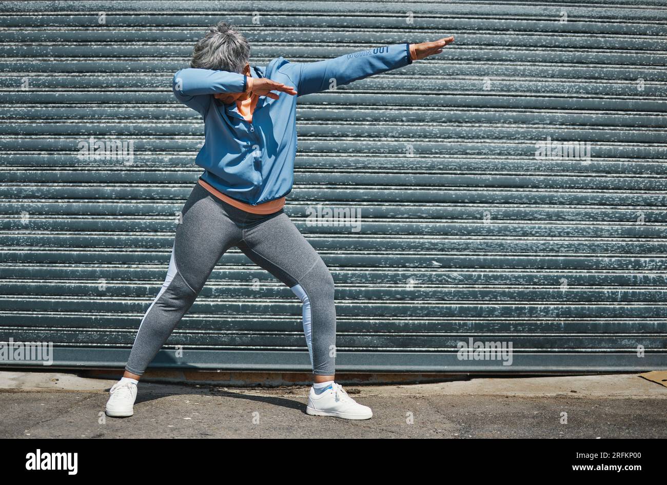 Woman, fitness and dab dance outdoor at training, exercise or workout ...