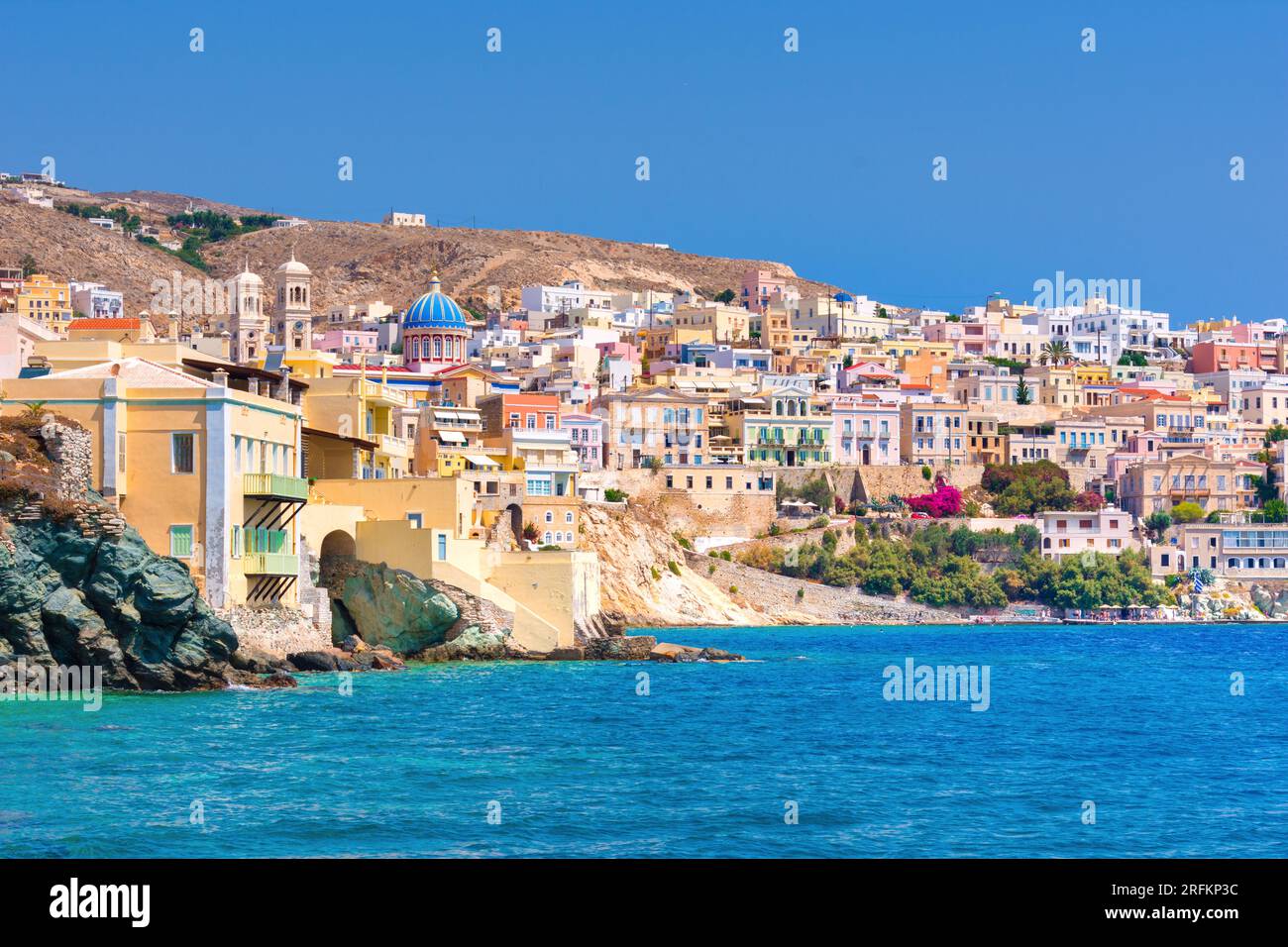 Panoramic view of Ermoupoli and Ano Syra towns in Syros island ...